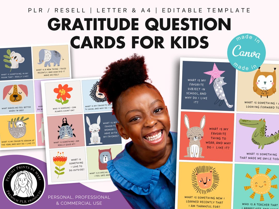 60 Gratitude Question Cards for Kids, Printable and Editable Template ...