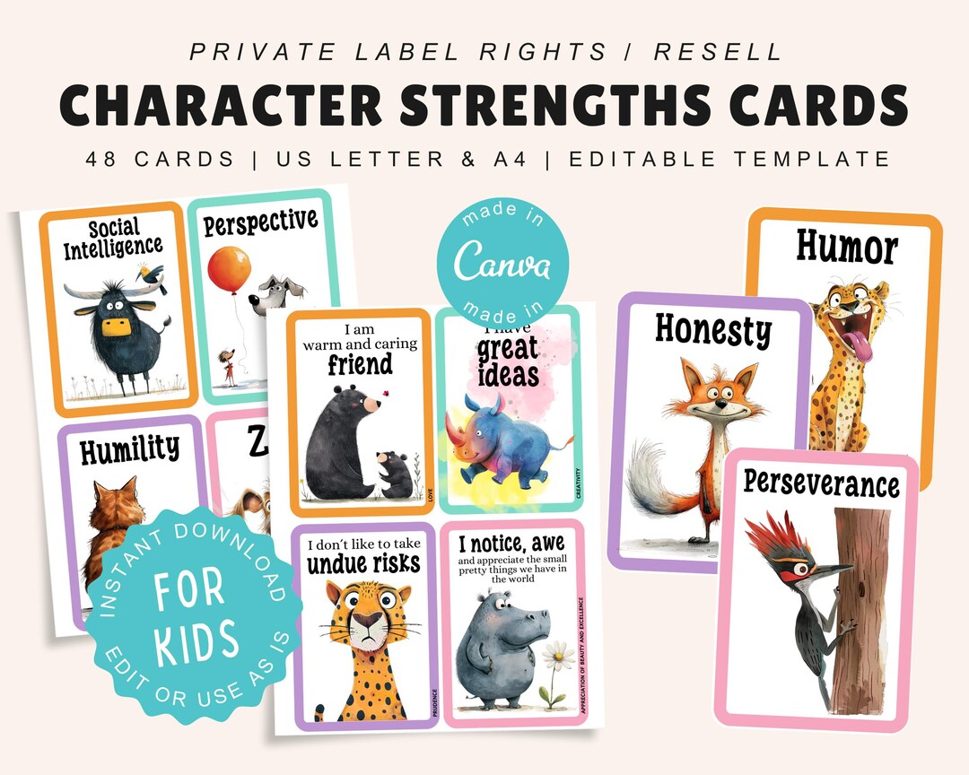 Character Strenghts Cards, Printable, Editable Template, Guided ...