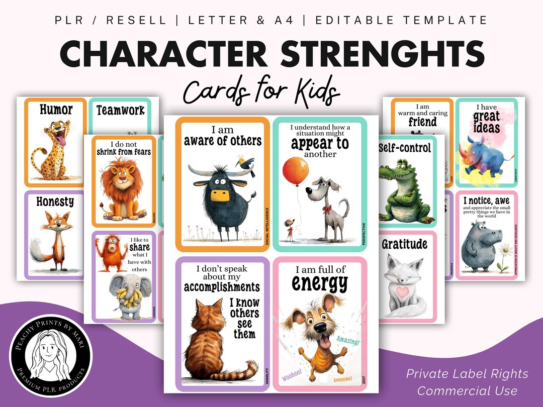 Character Strenghts Cards for Kids, Editable Template, Canva, Positive ...