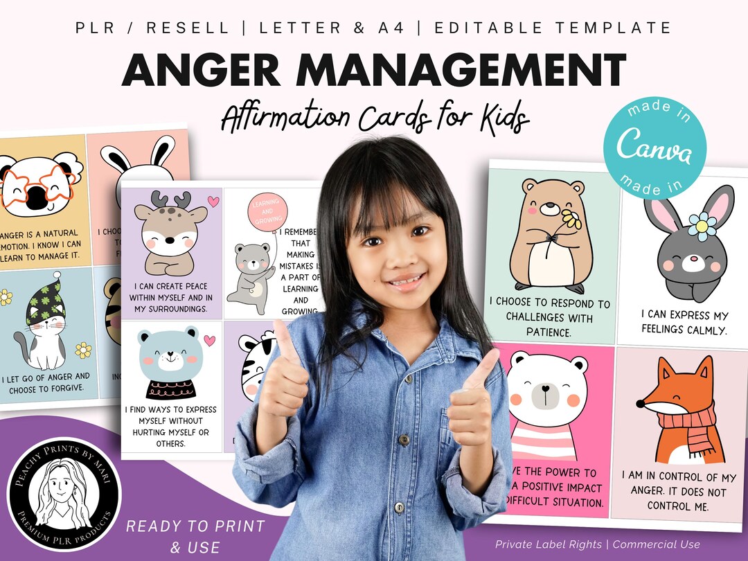 Anger Management Cards for Kids, PLR, Resell, Editable Template ...