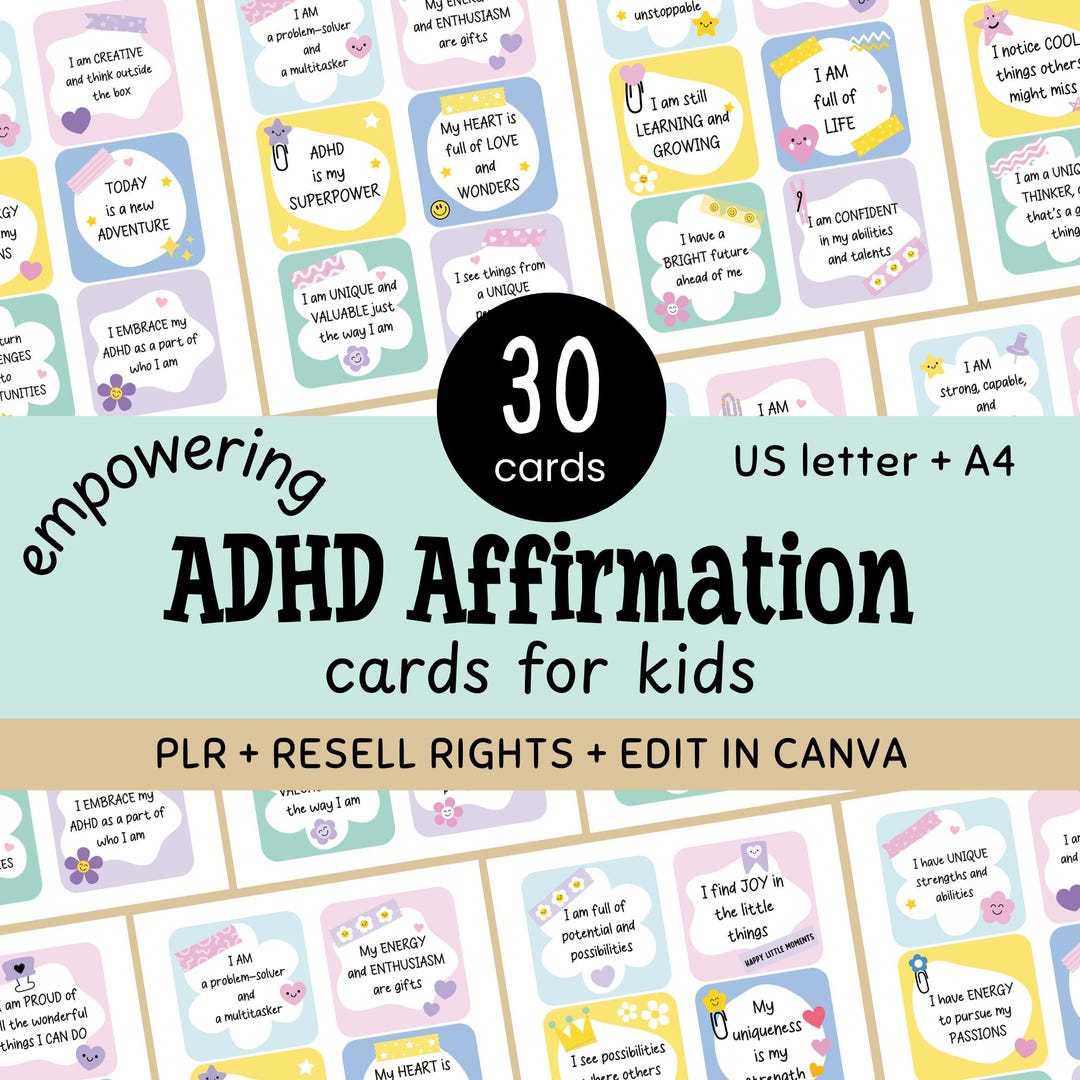 PLR Empowering ADHD Affirmation Cards for Kids Affirmations Kids Adhd ...