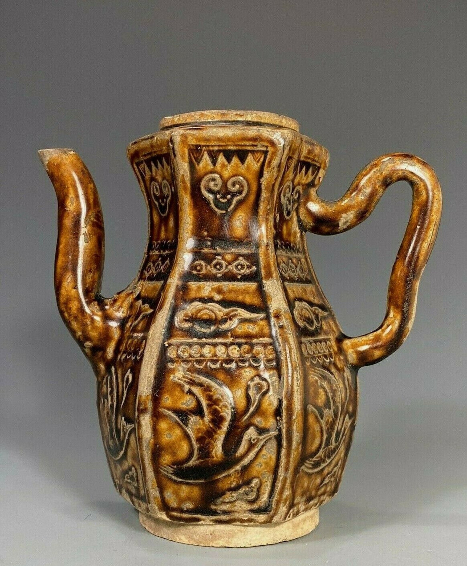 China Chinese Hexagonal Jug W/ Crane Ruyi & Cloud Decoration Qing Ca ...