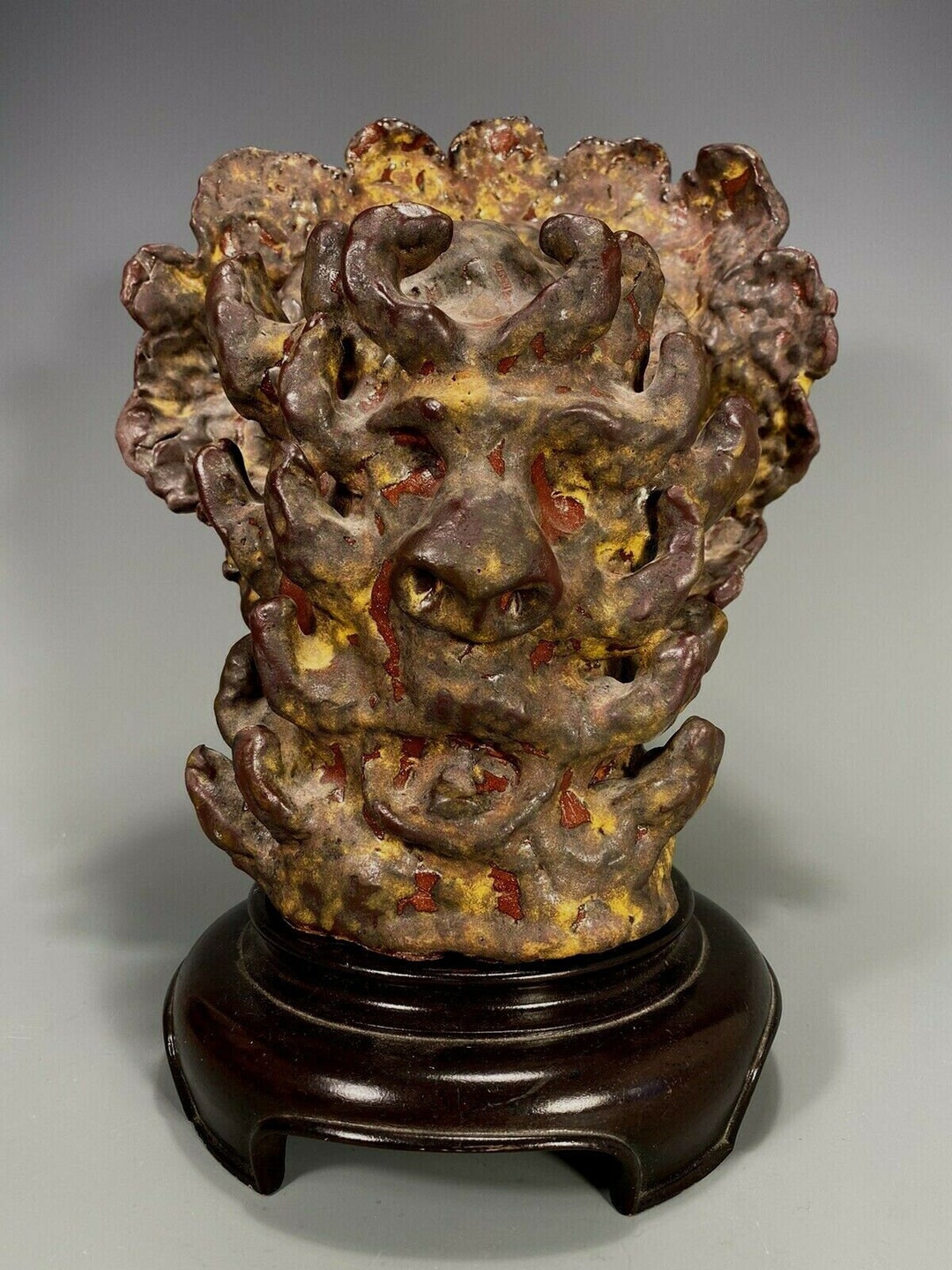 Folk Art Devil Multi Horned Deity Monster Polychrome Pottery Head Ca ...