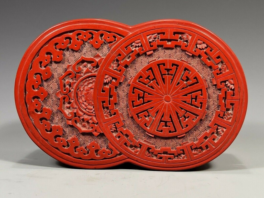 China Chinese Double Roundel Money Shape Finely Carved Cinnabar Lidded ...
