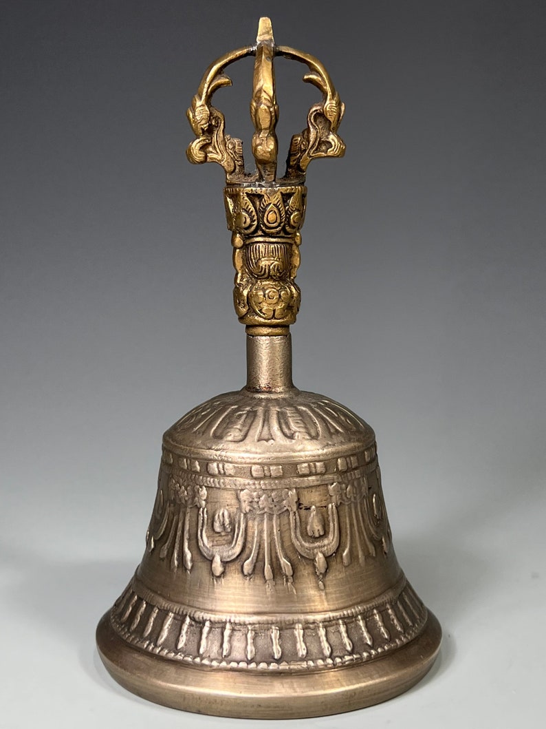 Fine Tibet Tibetan Bronze Temple Hand Bell W/ Dorje Shaped Handle Ca ...