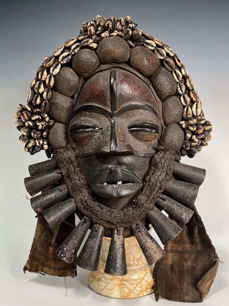 Dan Gunye Ge (racing Mask) Carved Wood Mask W/ Iron Bells Cowrie Shells ...