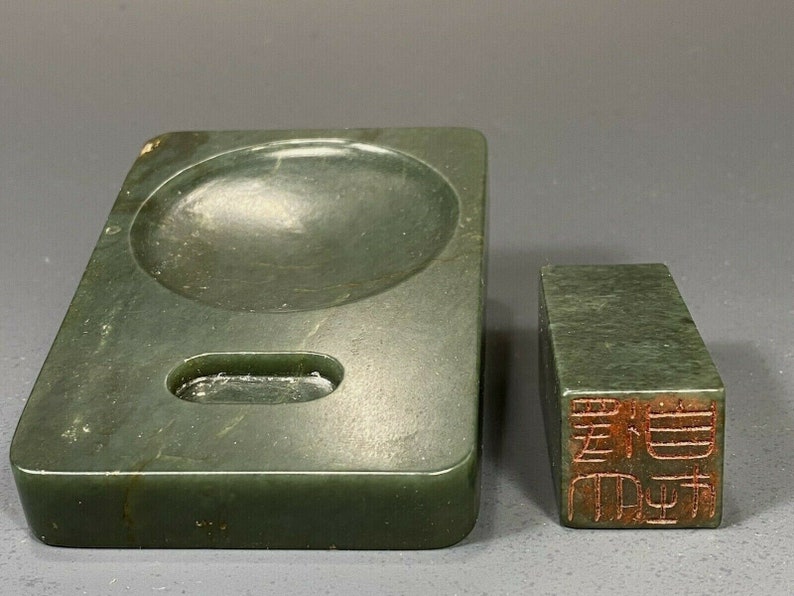 Very Fine Rare China Chinese Jade Scholars Calligraphy Set & Two Seal ...
