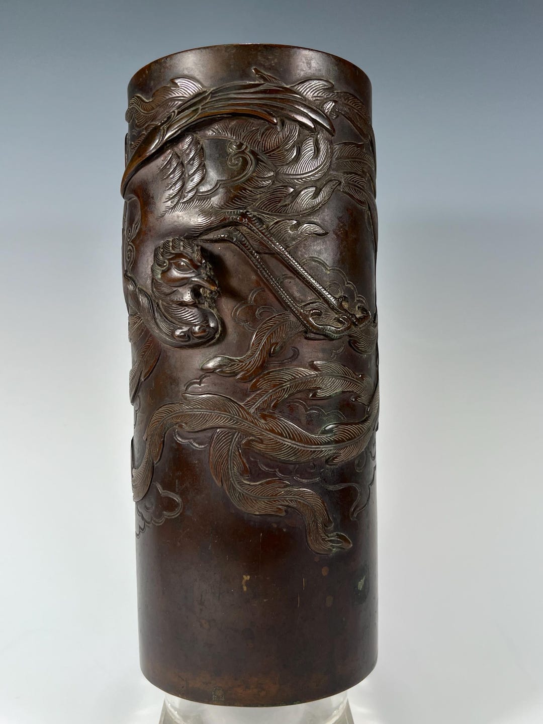 China Chinese Bronze Cylindrical Vase W/ Phoenix & Calligraphy Ming ...