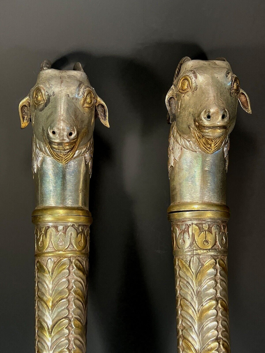 A Pair of South Arabian Mixed Metal Ram Head Finial Staff Ex. Giraud ...