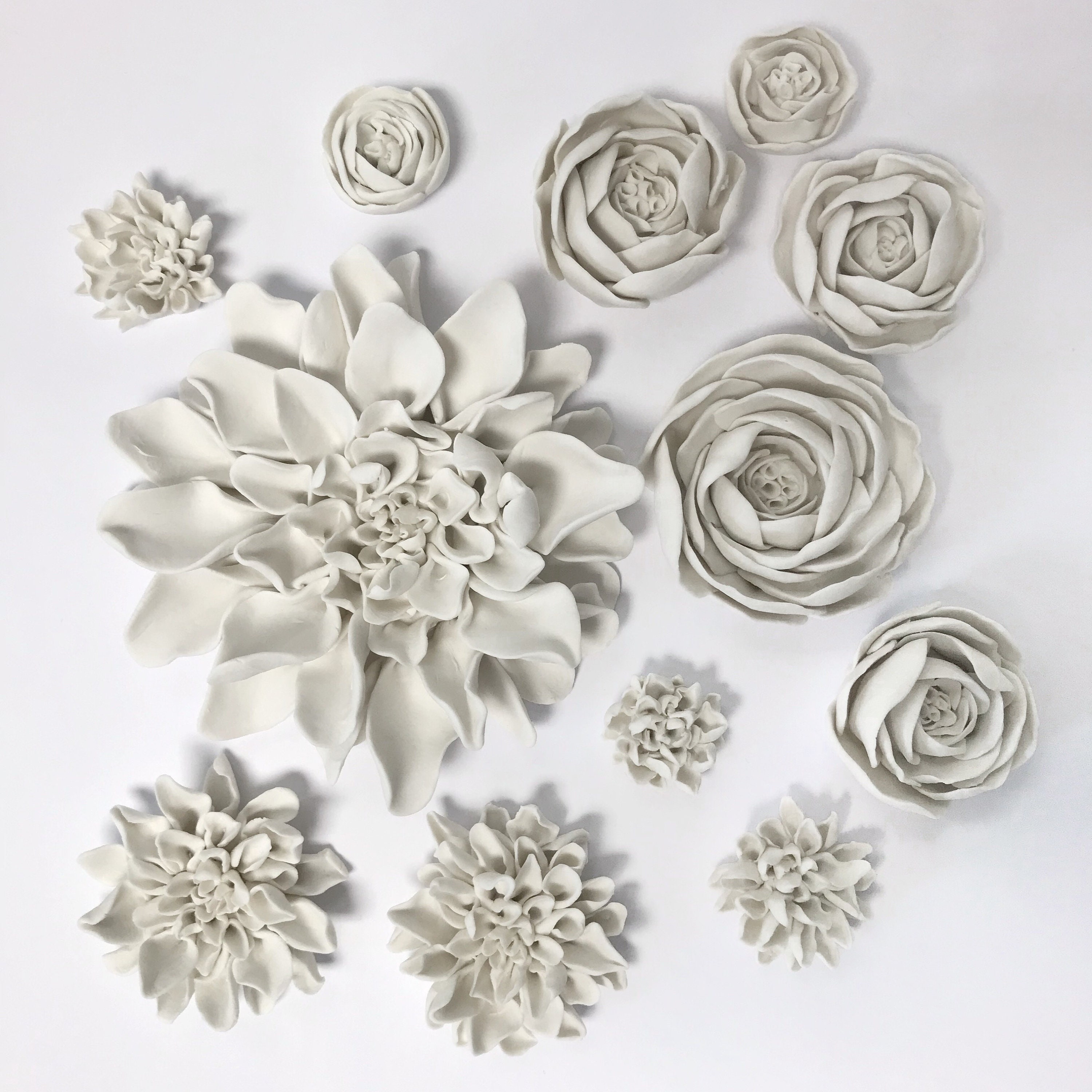 Handmade Porcelain Flower Wall Art: White Ceramic Sculpture, Set of 10 ...