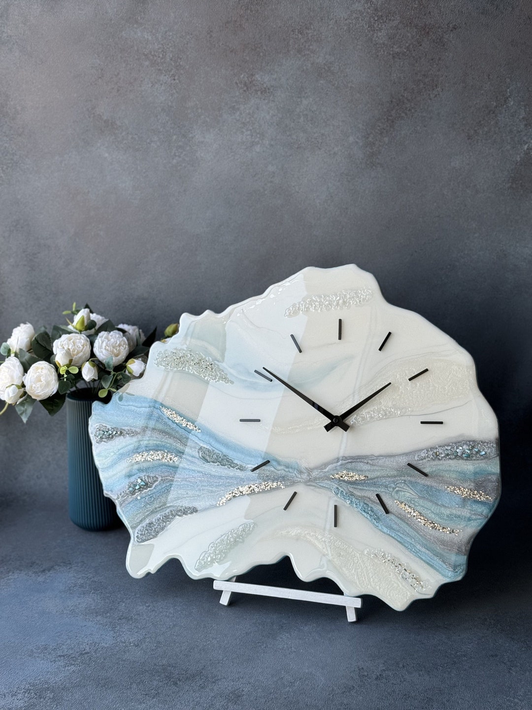 Boho Wall Clock, Blue Boho Clock, Marble Epoxy Decor, Asymmetric Wall ...