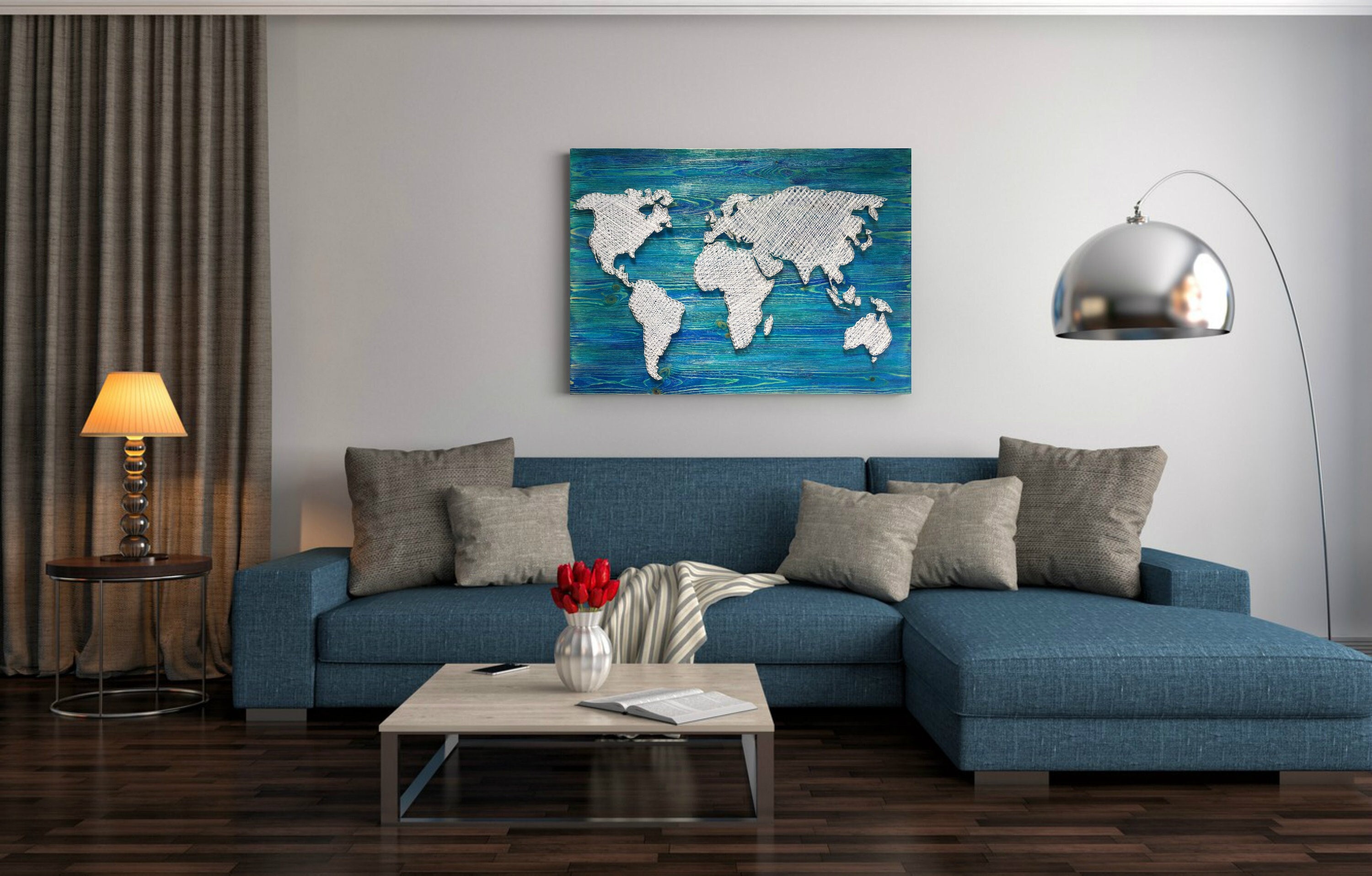 World Map String Art Large Wall World Map Blue World Map - Etsy