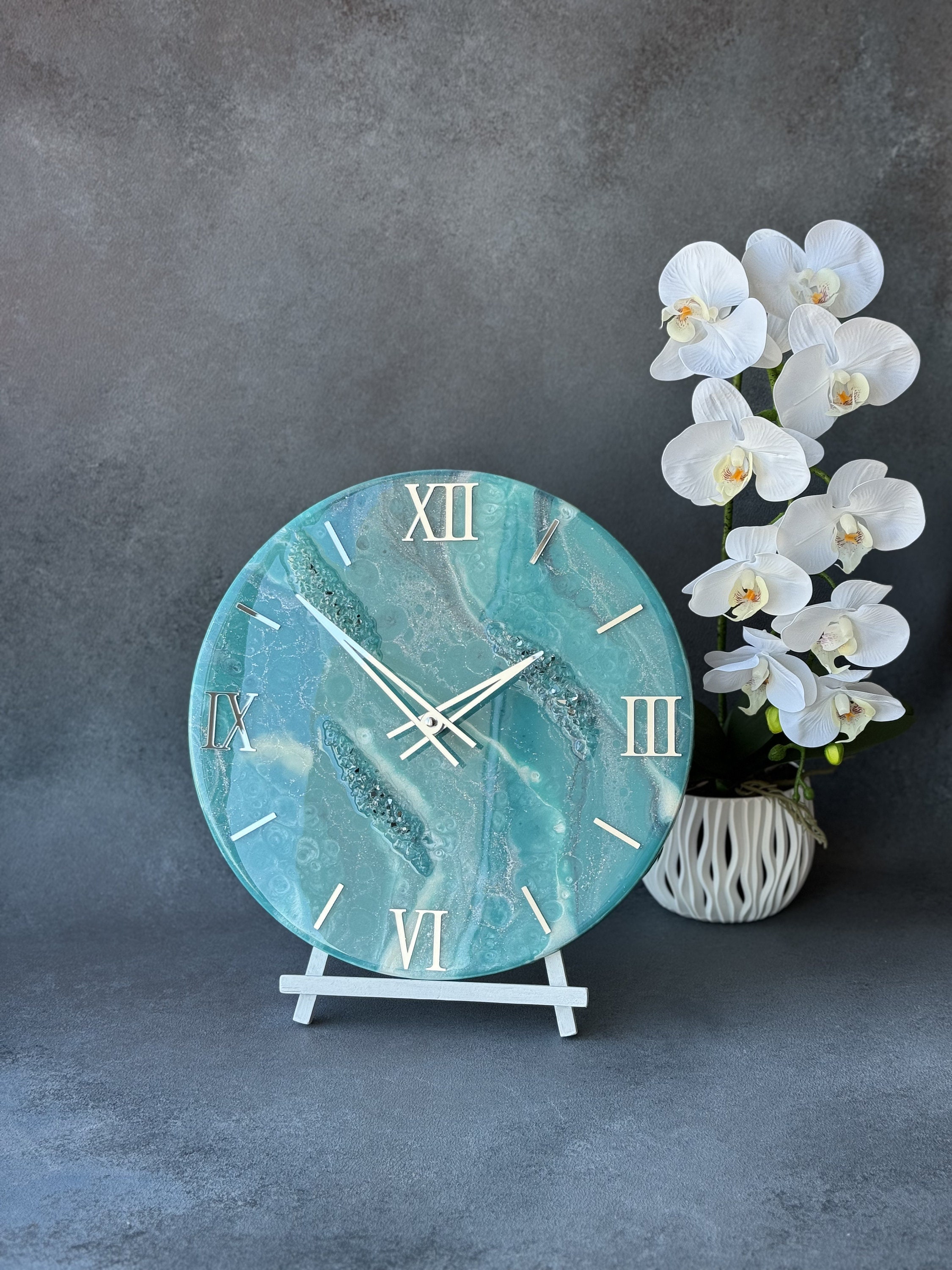 Unique Round Marble Clock, Large Epoxy Wall Clock, Silver Ocean Artwork ...