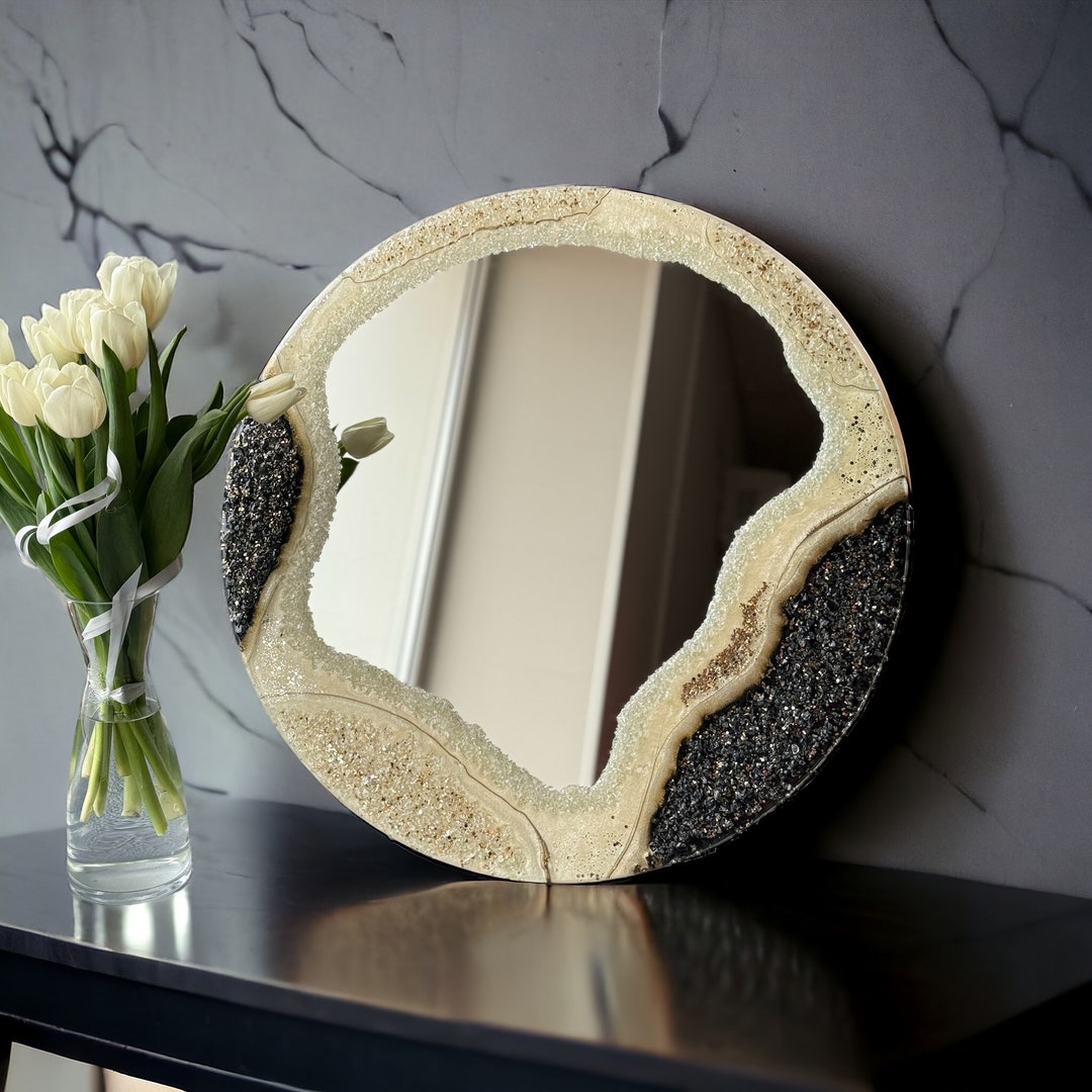 Gold Black Round Resin Art Mirror, Mid Century Overmantle Decor ...