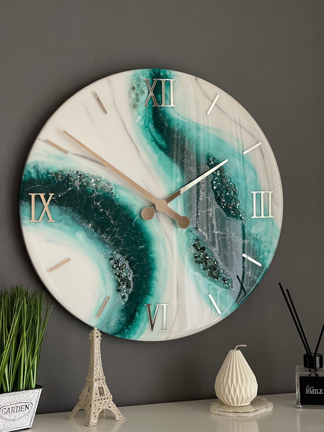 Emerald Green Clock, Epoxy Resin Decor, Luxury Clock, Unique Wall Clock ...