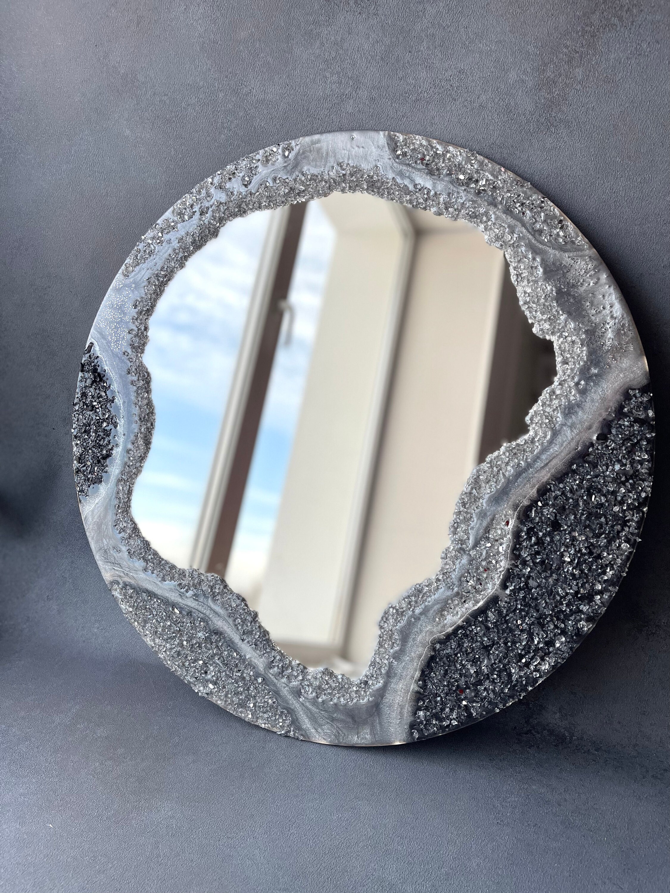 Silver Epoxy Mirror With Natural Amethyst, Art Deco Entryway Mirror ...