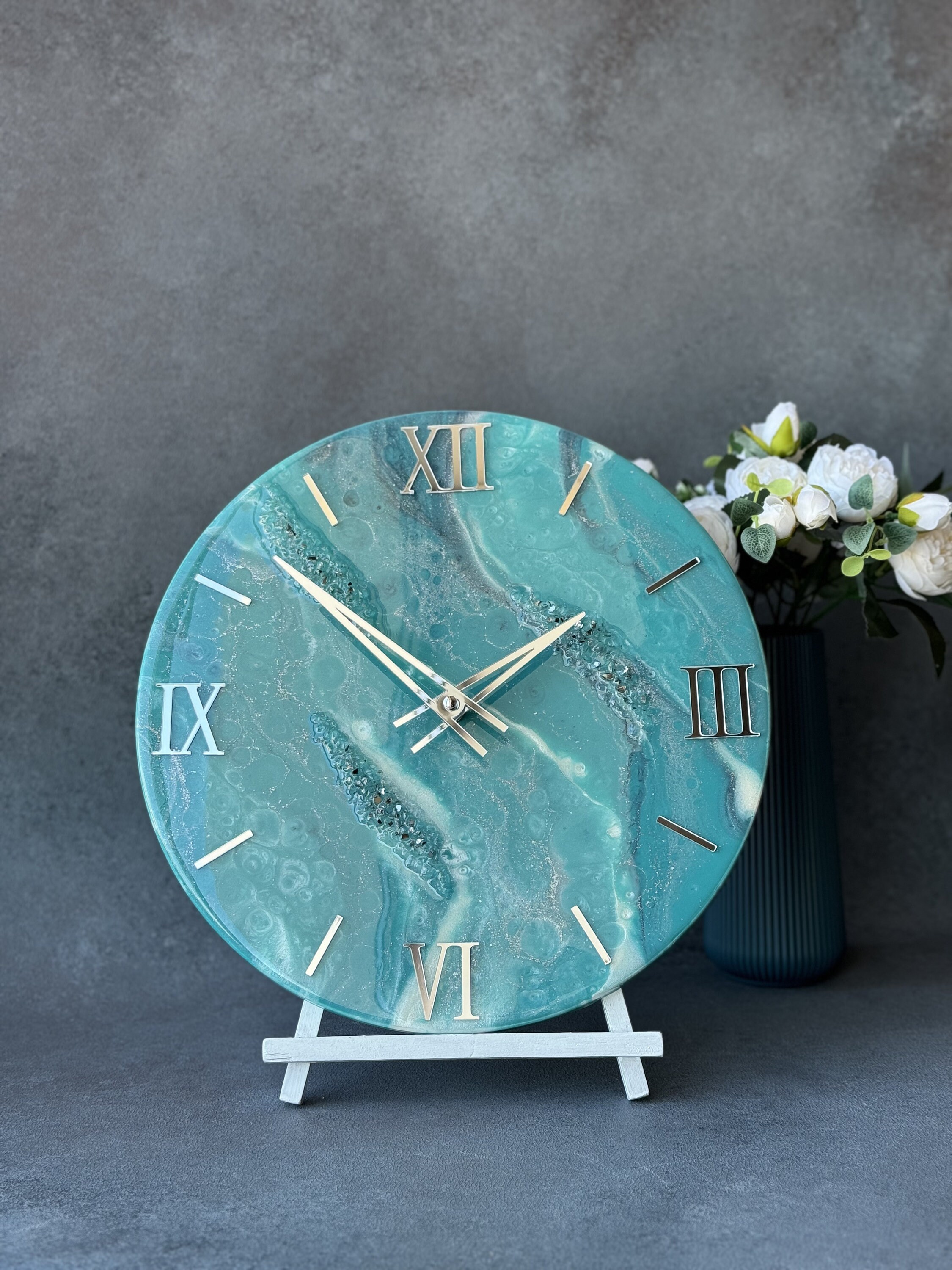 Unique Round Marble Clock, Large Epoxy Wall Clock, Silver Ocean Artwork ...