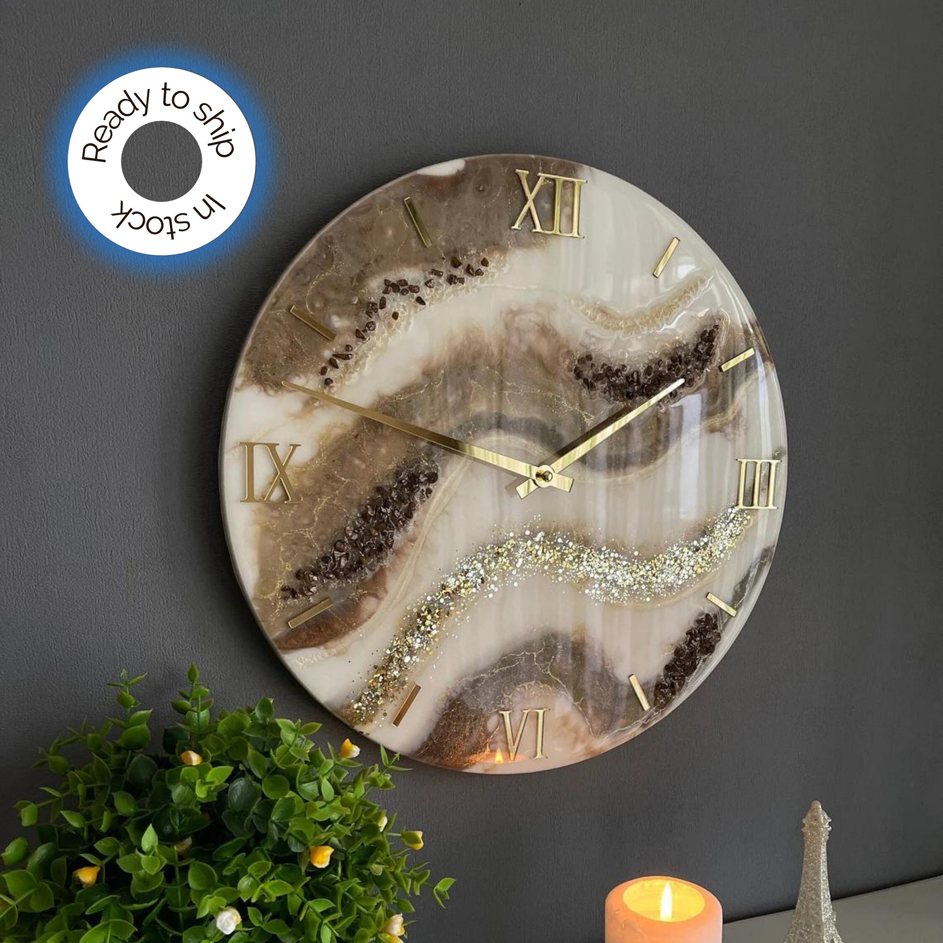 IN STOCK, Gold Beige Wall Clock, Epoxy Wall Clock, Boho Clock, Pastel ...