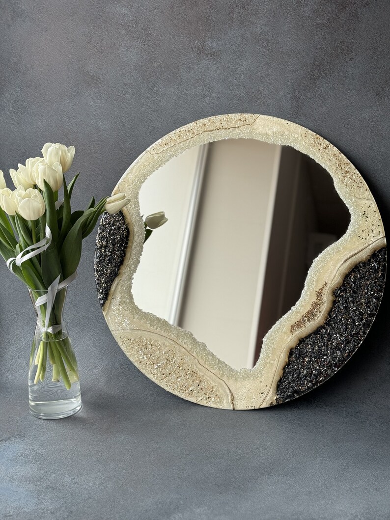 Silver Epoxy Mirror With Natural Amethyst, Art Deco Entryway Mirror ...