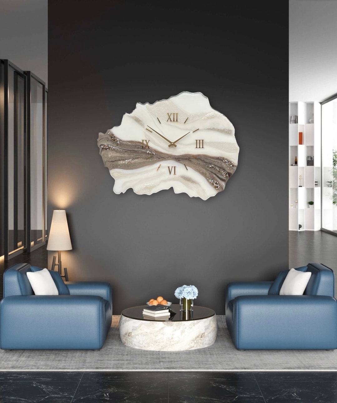 Asymmetric Beige Marble Resin Wall Clock: Modern Living Room Art - Etsy