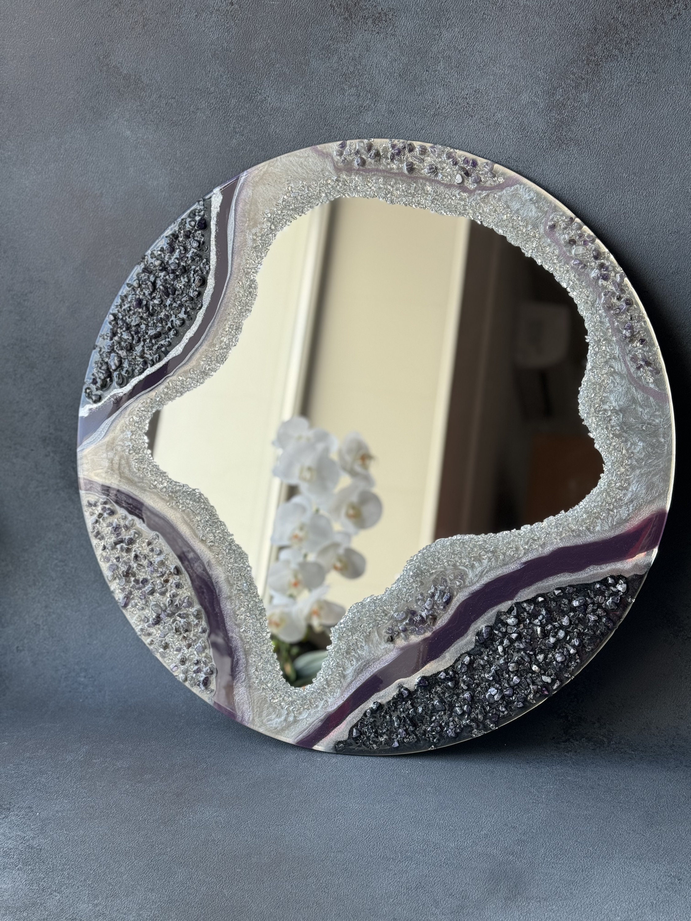 Silver Epoxy Mirror With Natural Amethyst, Art Deco Entryway Mirror ...