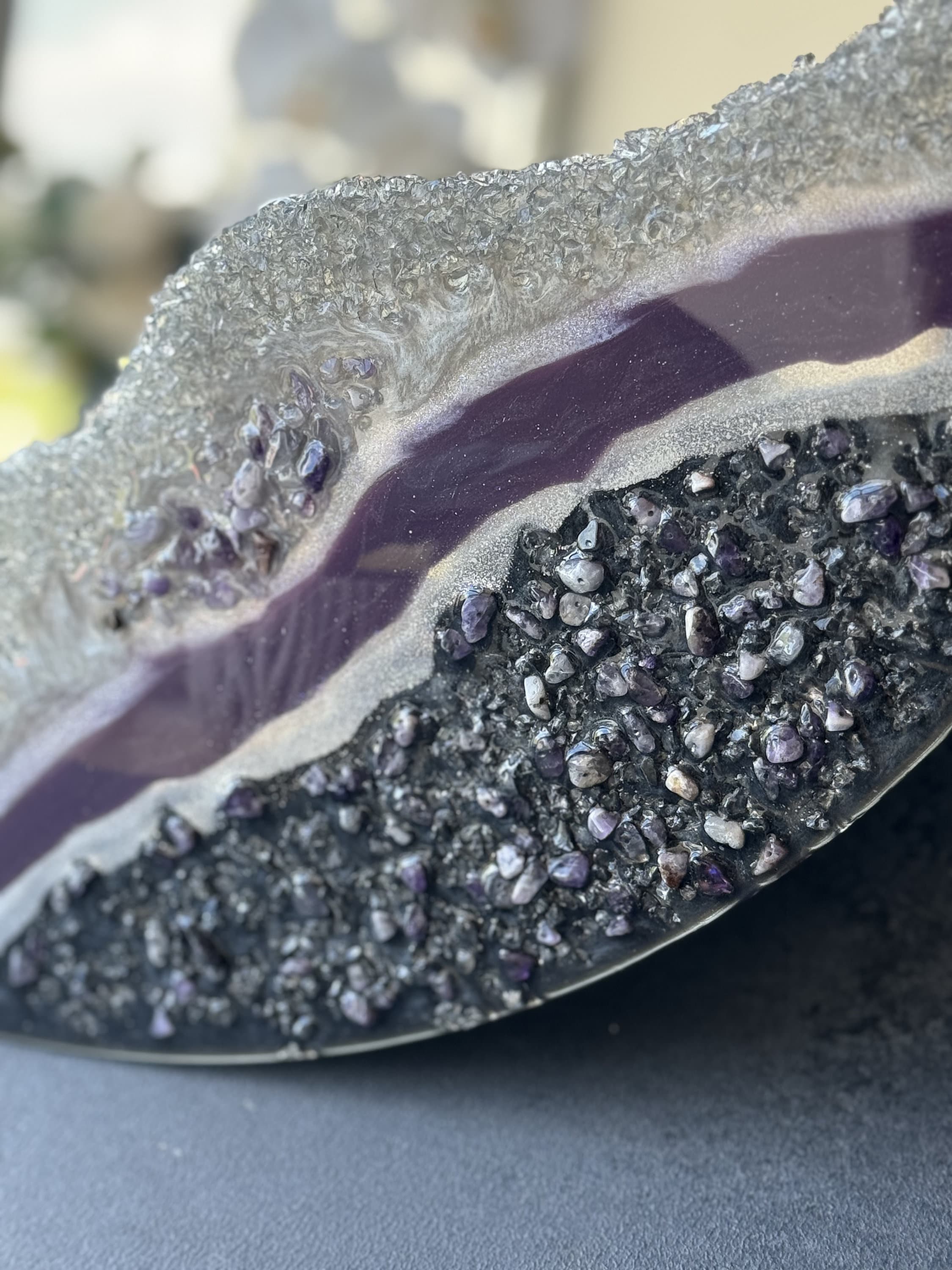 Silver Epoxy Mirror With Natural Amethyst, Art Deco Entryway Mirror ...