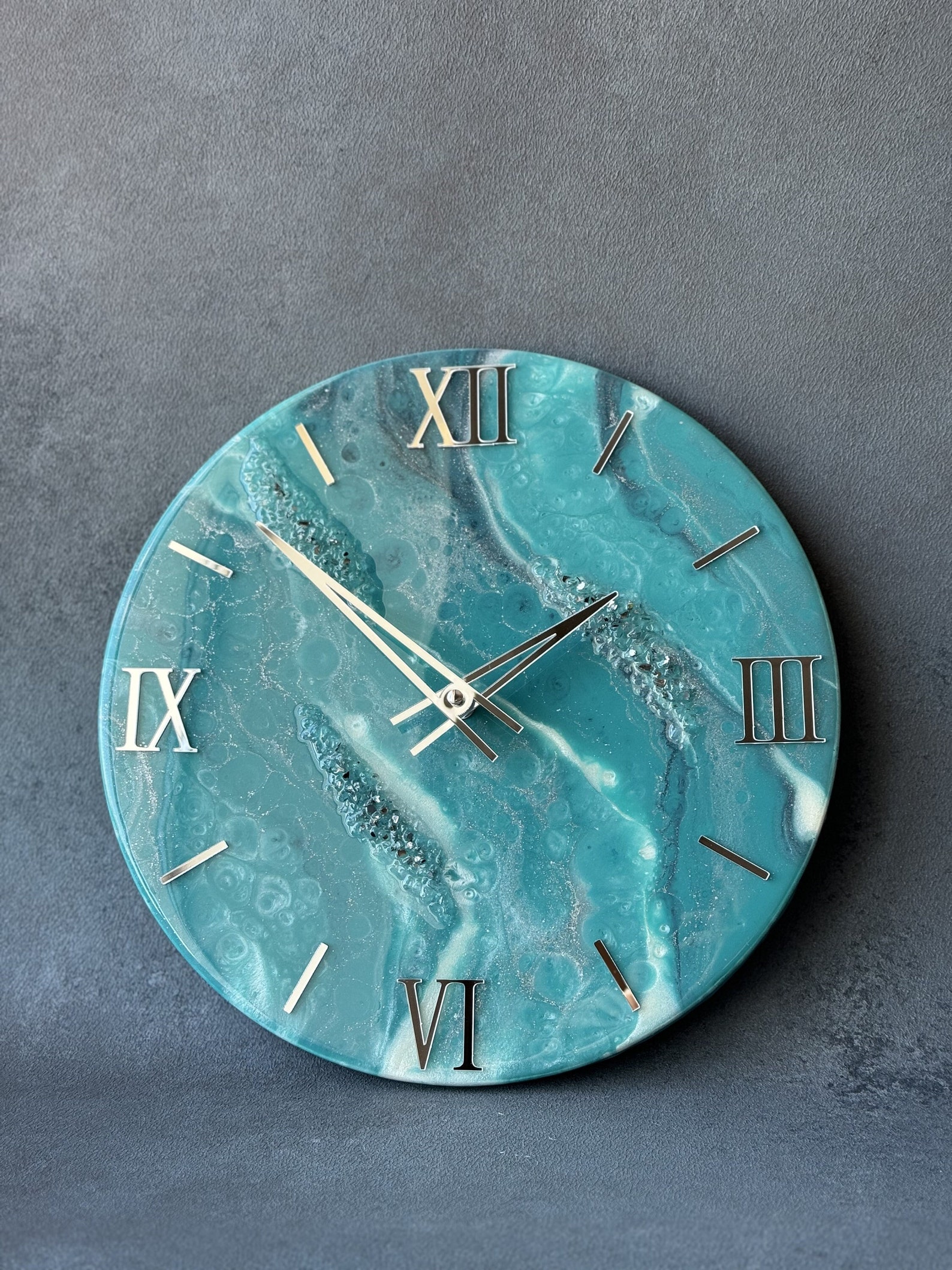 Unique Round Marble Clock, Large Epoxy Wall Clock, Silver Ocean Artwork ...
