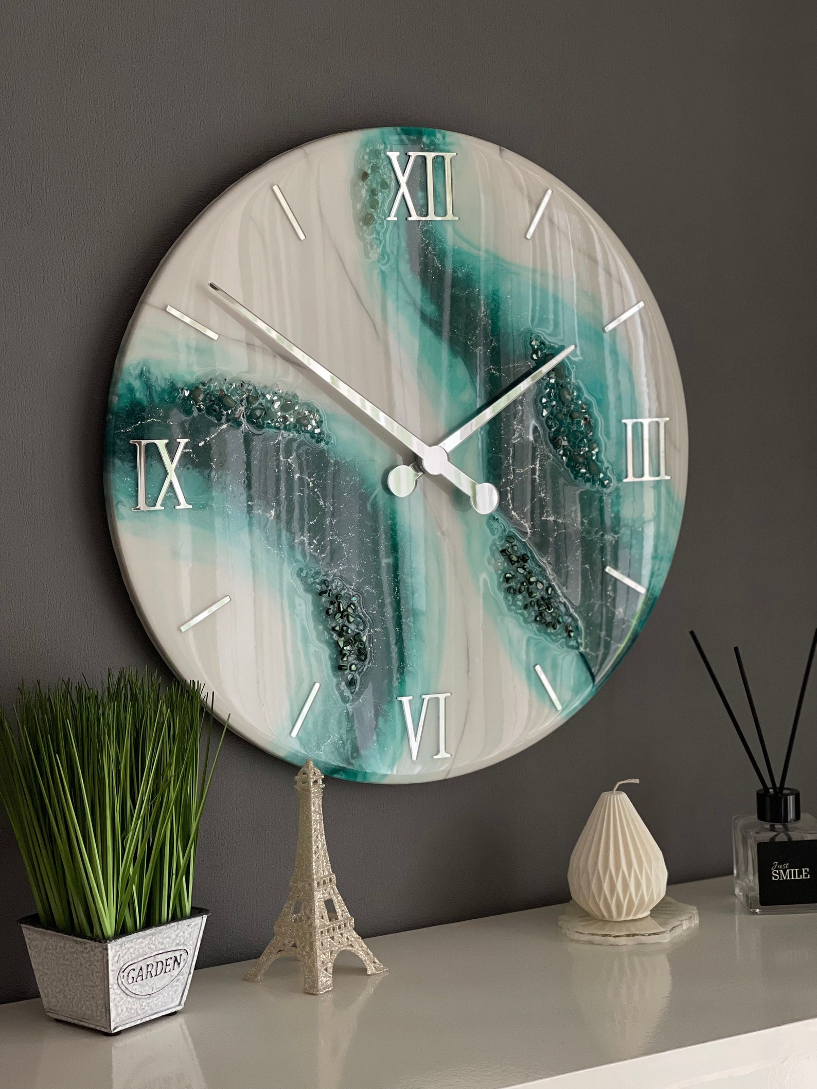 Emerald Green Clock, Epoxy Resin Decor, Luxury Clock, Unique Wall Clock ...
