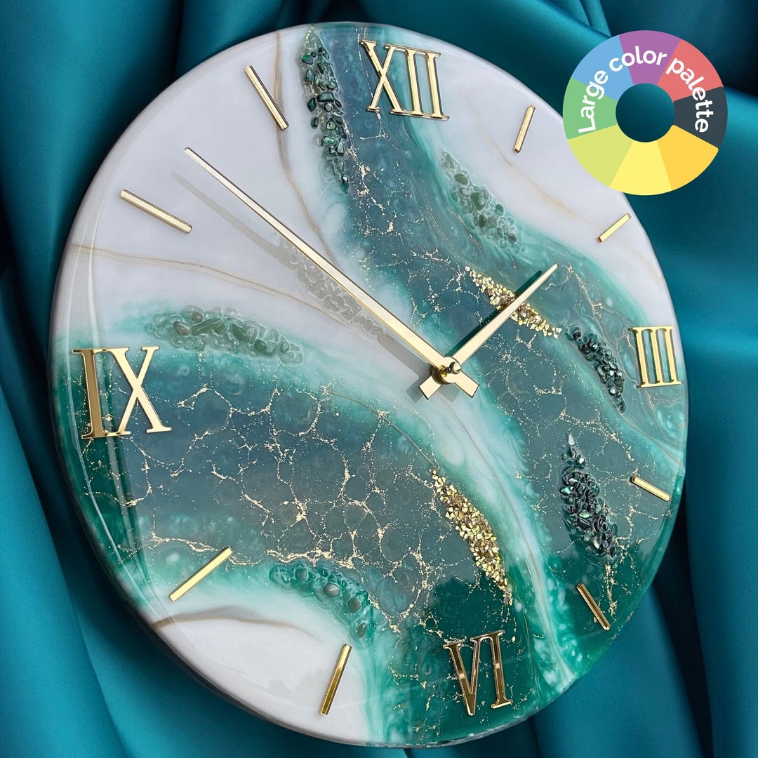 Green Wall Clock, Wall Clock Unique, Epoxy Resin Clock, Emerald Green ...