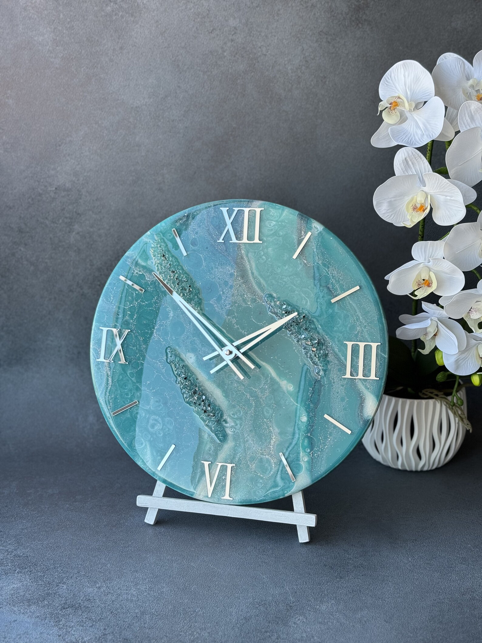 Unique Round Marble Clock, Large Epoxy Wall Clock, Silver Ocean Artwork ...