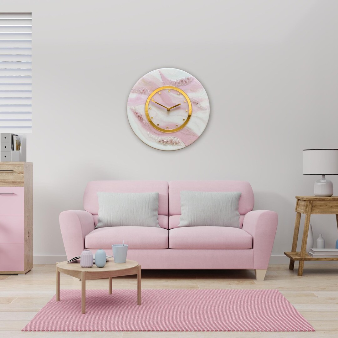 Pink Living Room Wall Clock, Epoxy Resin Artsy Wall Clock, Kitchen Wall ...