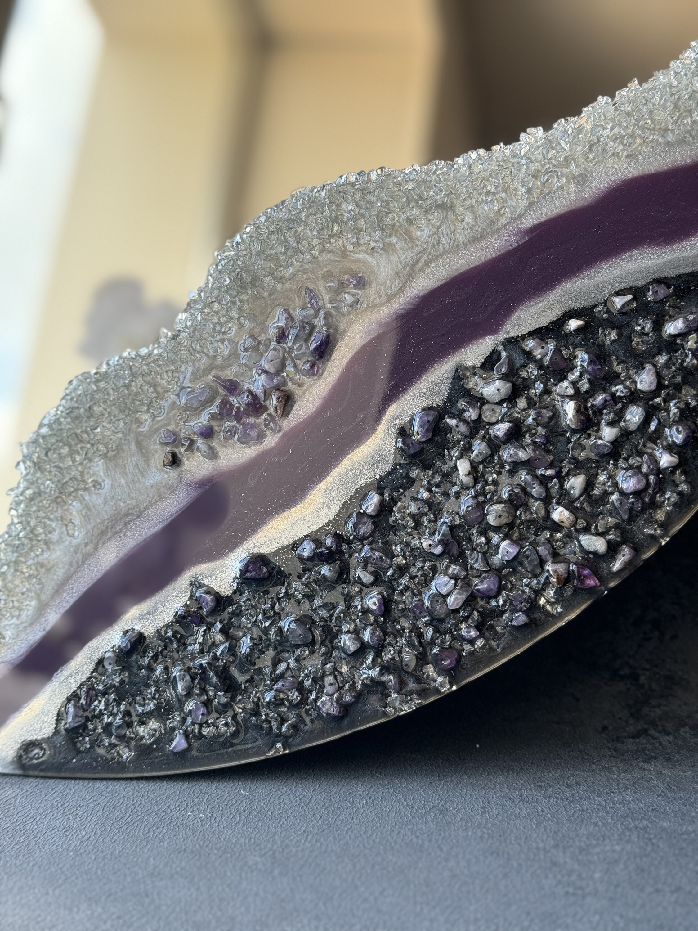 Silver Epoxy Mirror With Natural Amethyst, Art Deco Entryway Mirror ...