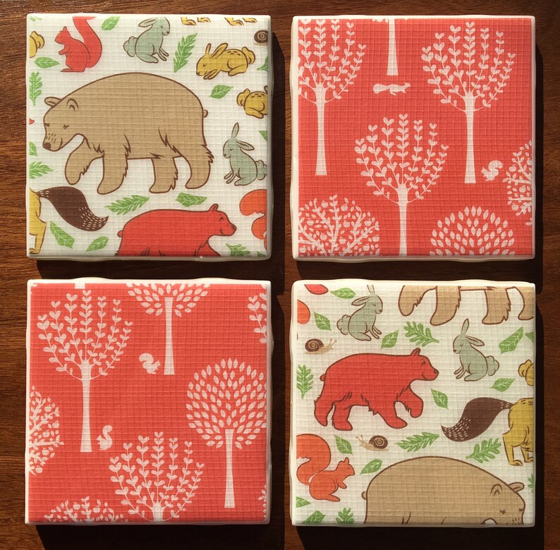 Handmade Set of 4 Ceramic Drink Coasters With Woodland Animals and ...