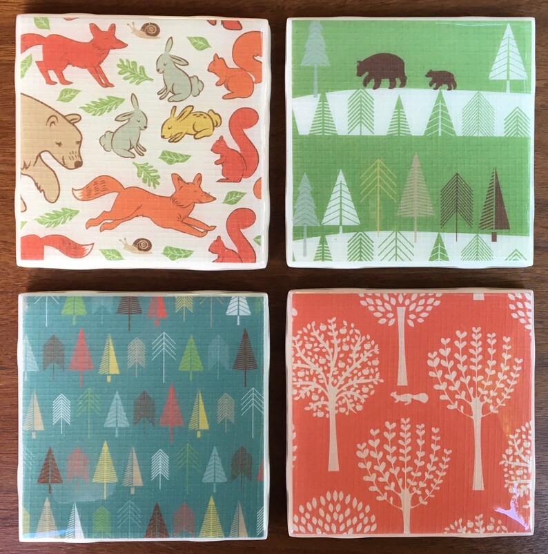 Handmade Set of 4 Ceramic Drink Coasters in A Woodland Animal and Tree ...