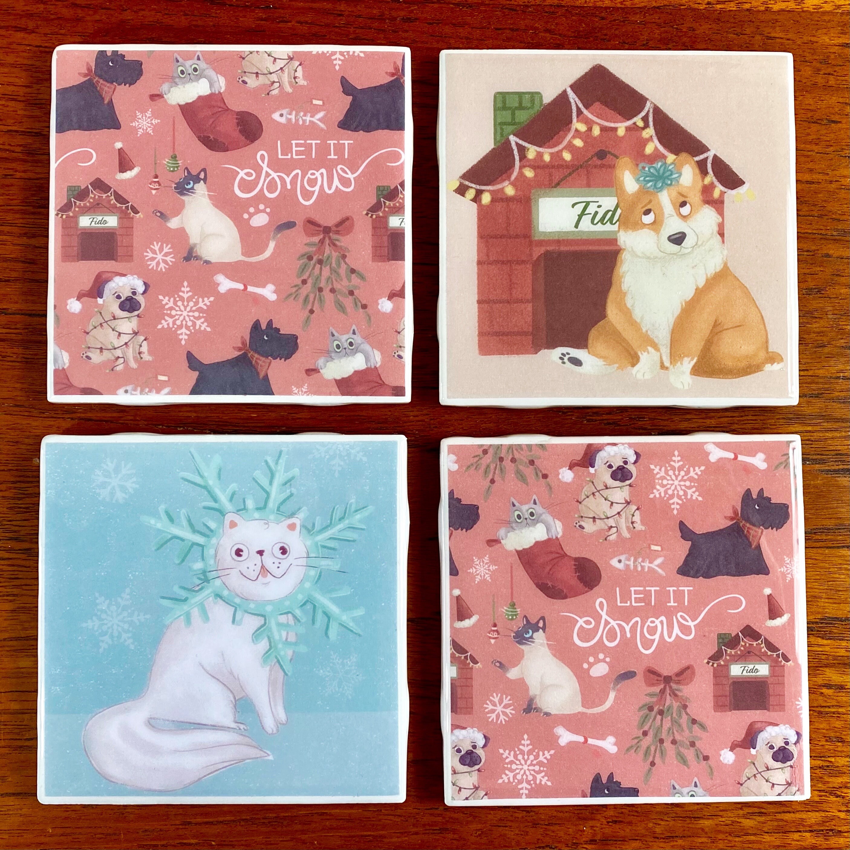 Handmade Set of 4 Ceramic Drink Coasters With Christmas Cats and Dogs ...