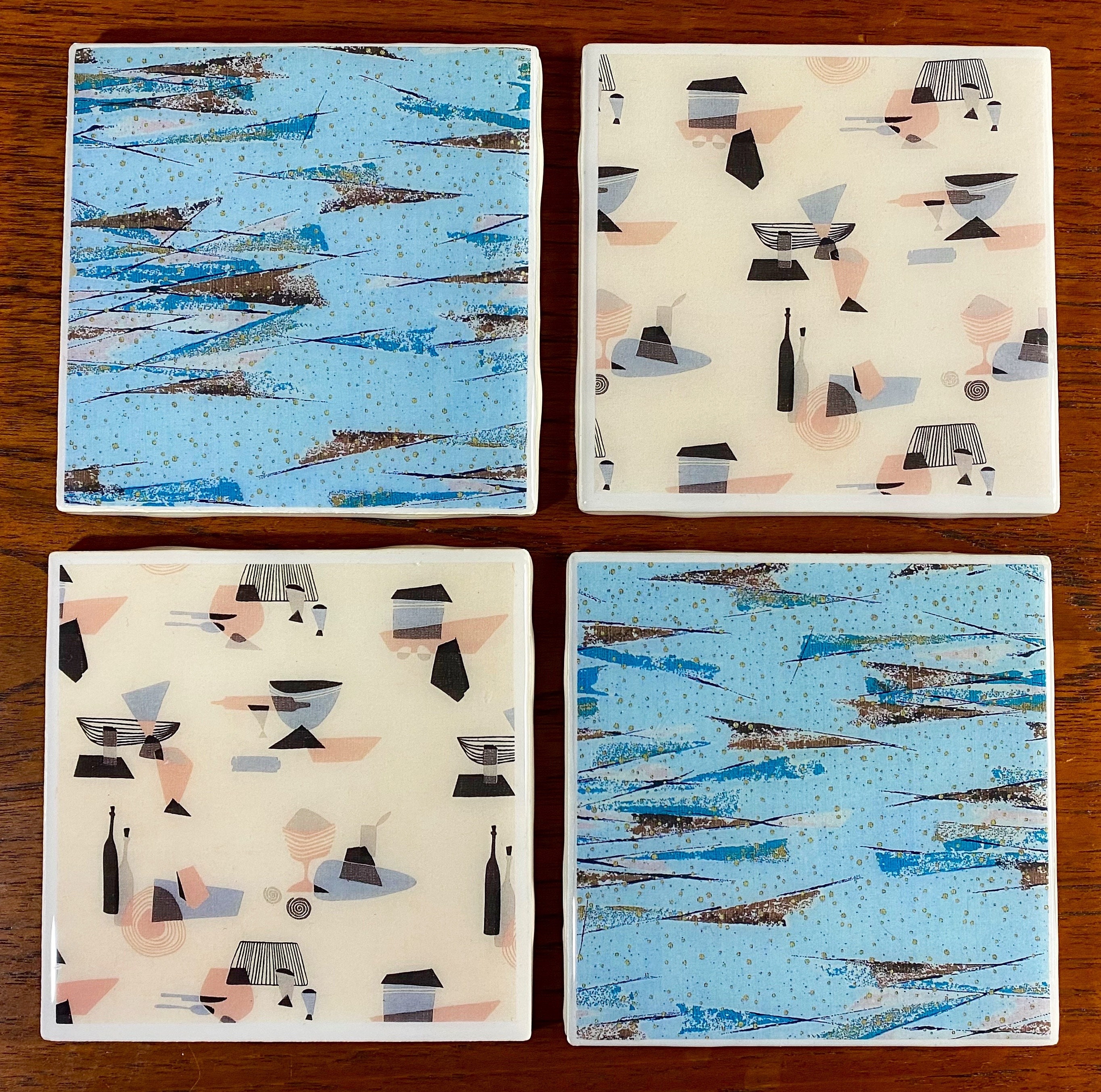 Handmade Set of 4 Ceramic Drink Coasters With A Vintage Atomic Age Blue ...