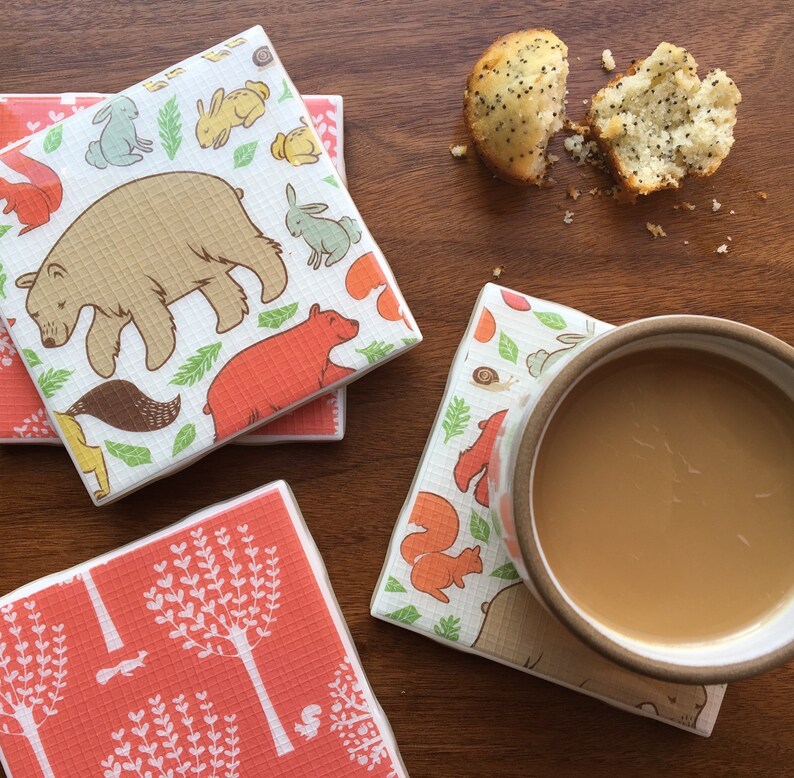 Handmade Set of 4 Ceramic Drink Coasters With Woodland Animals and ...