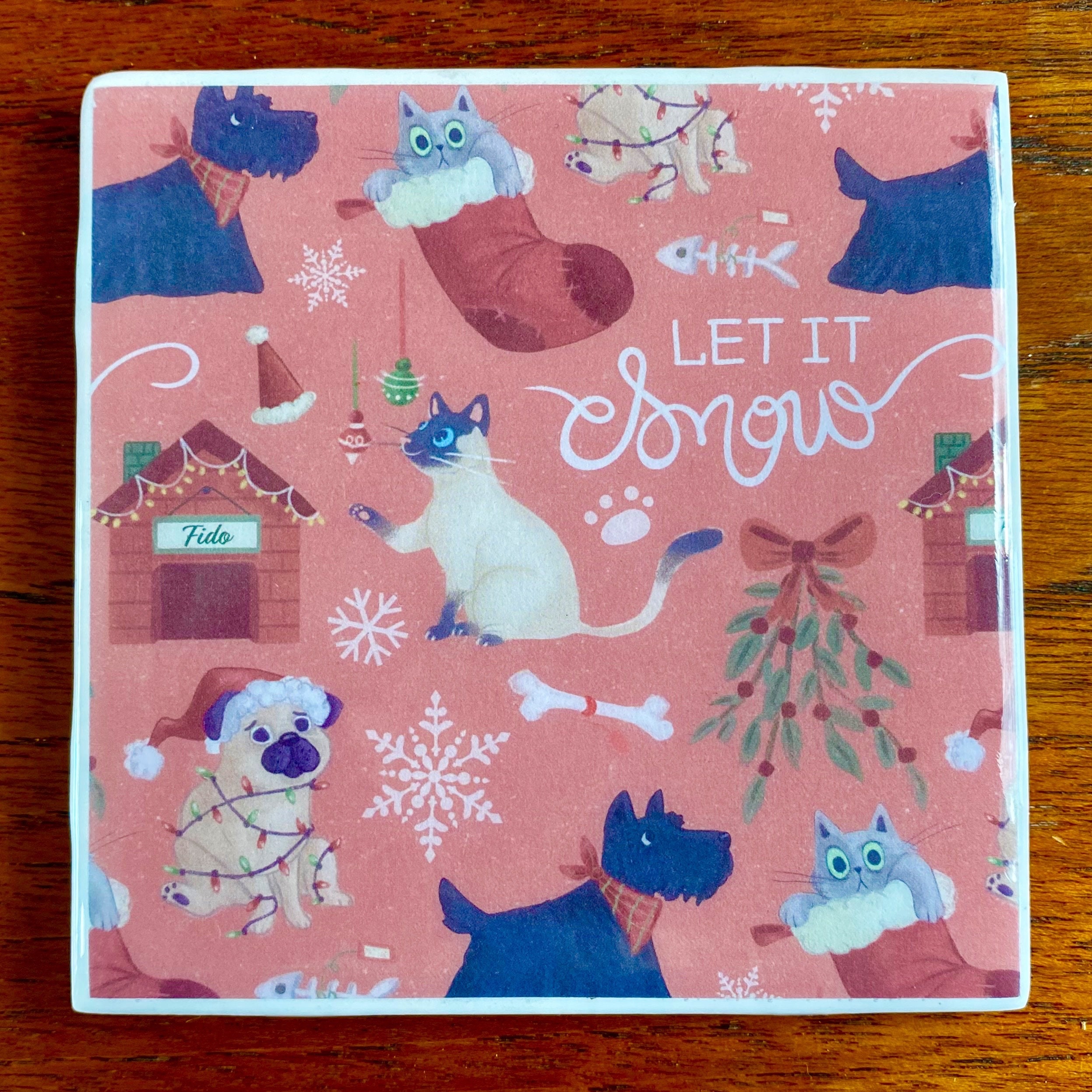 Handmade Set of 4 Ceramic Drink Coasters With Christmas Cats and Dogs ...