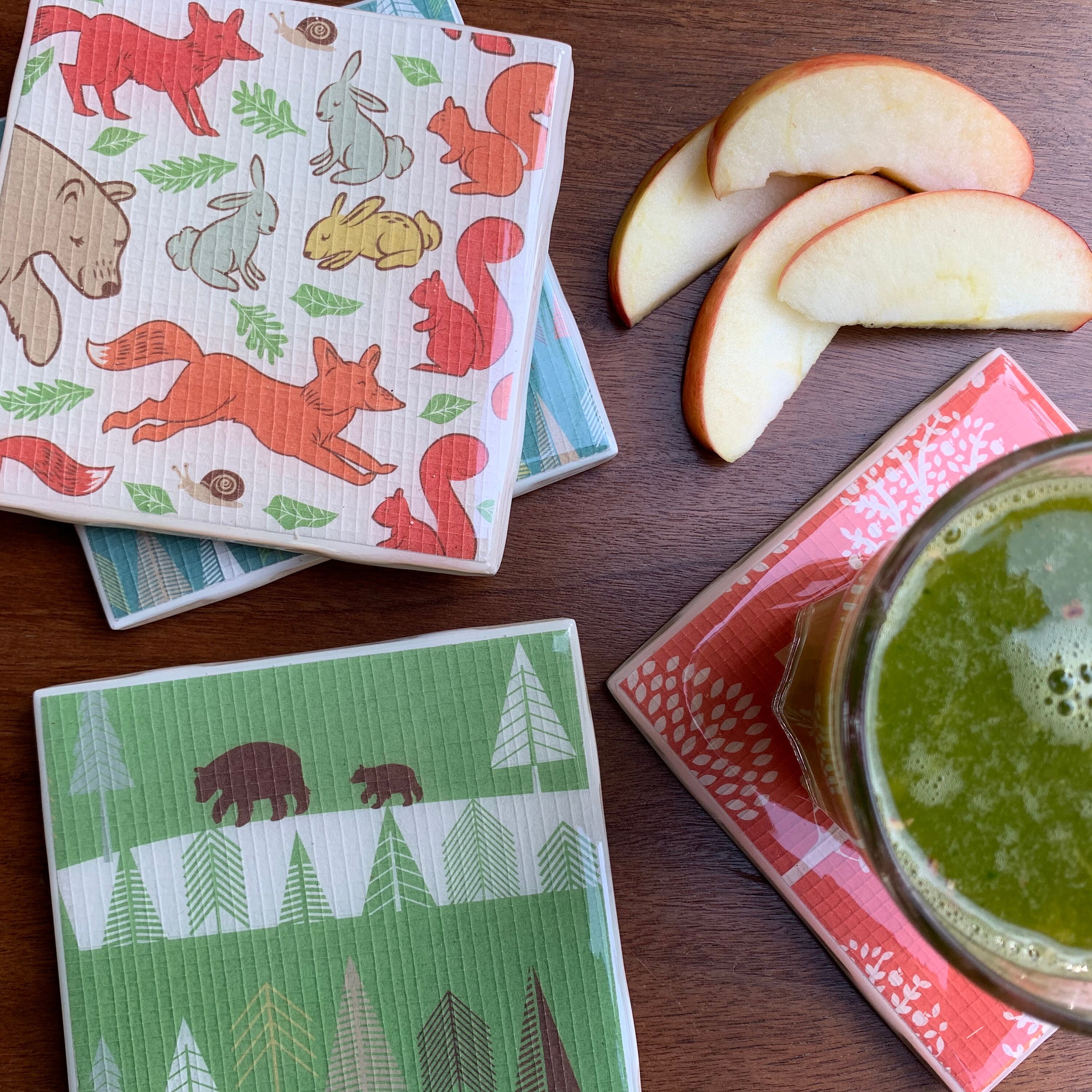 Handmade Set of 4 Ceramic Drink Coasters in A Woodland Animal and Tree ...