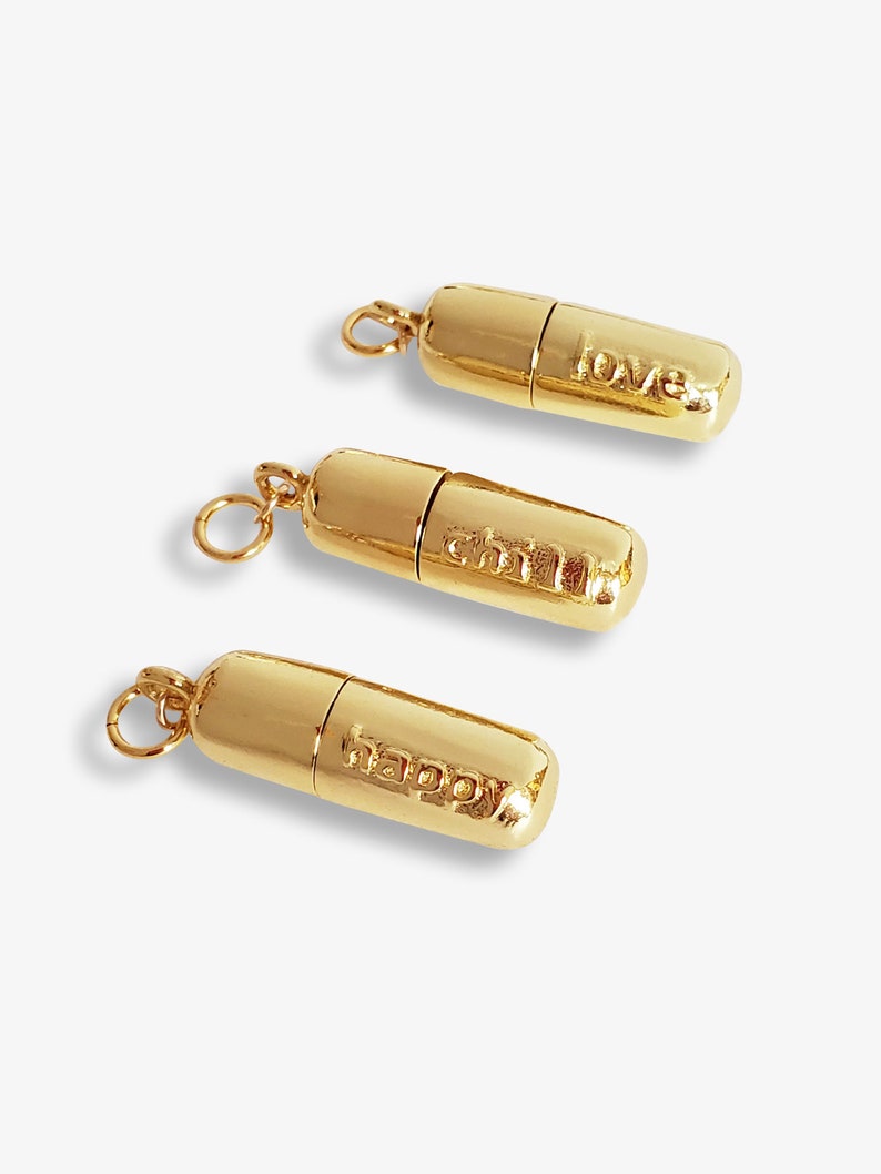 Gold Pill Necklace Pendant Happy Pill Chill Pill Love Pill Charm Words ...