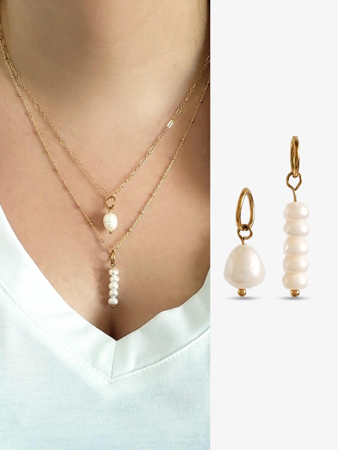 2 Styles Gold Natural Freshwater Pearl Charm Drop Pendant Permanent ...