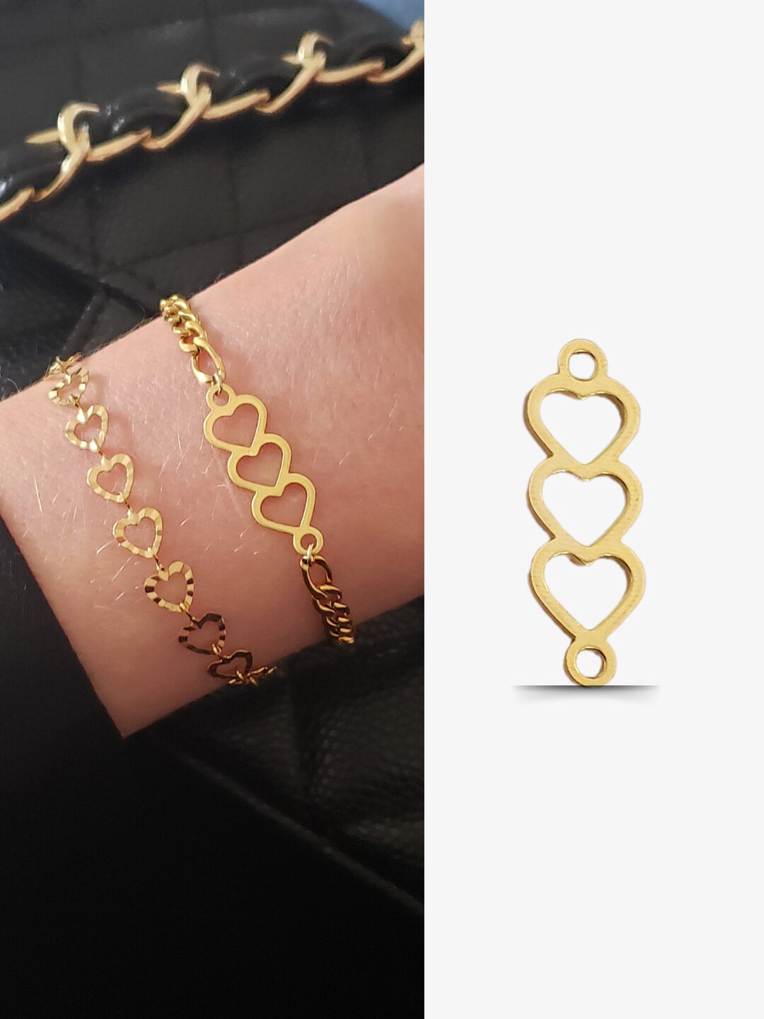 Gold Triple Heart Connector for Permanent Jewelry Bracelet Necklace ...