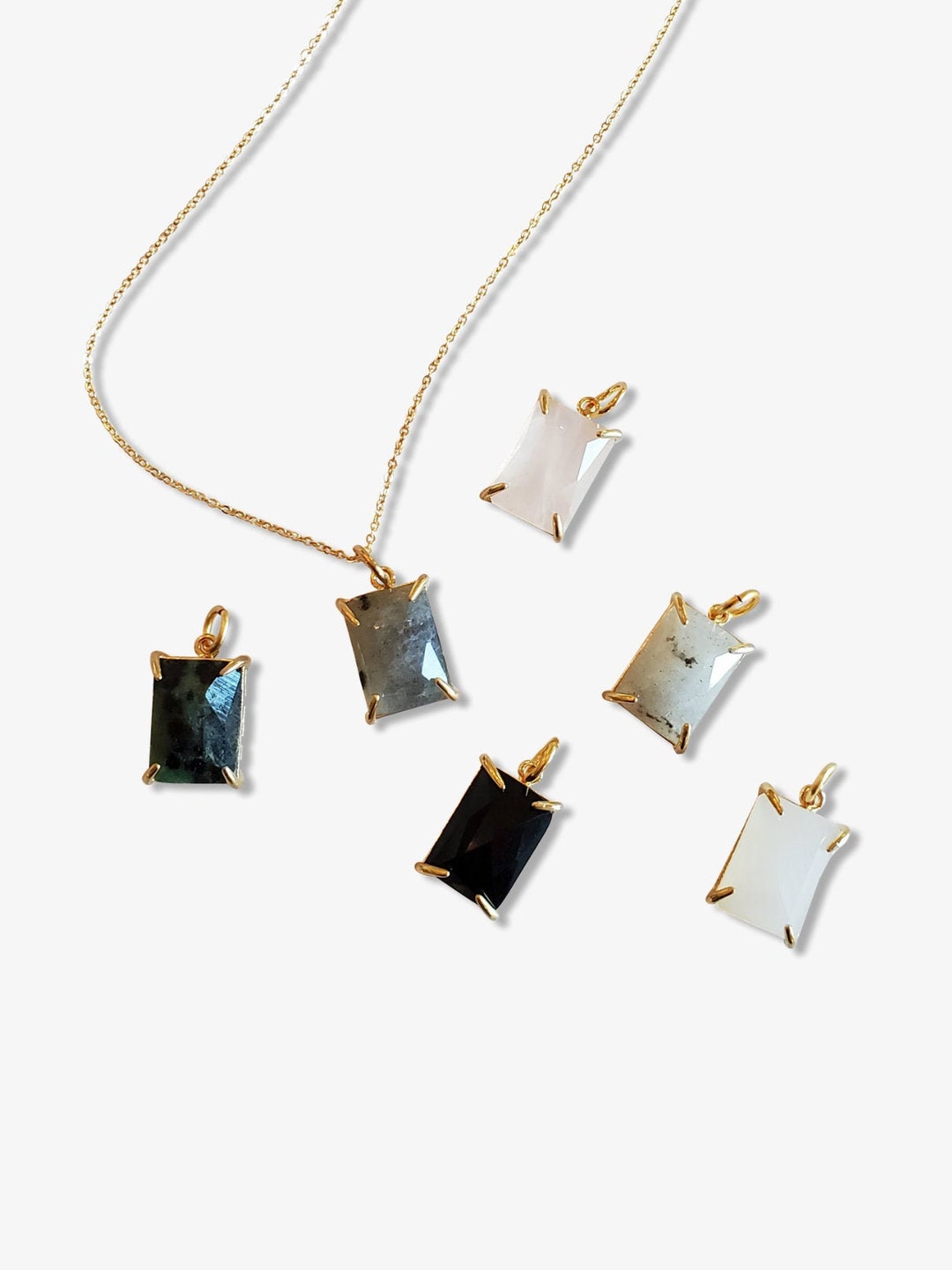 Gold Framed Gemstone Pendant Rectangle Shape Natural Crystal Necklace ...