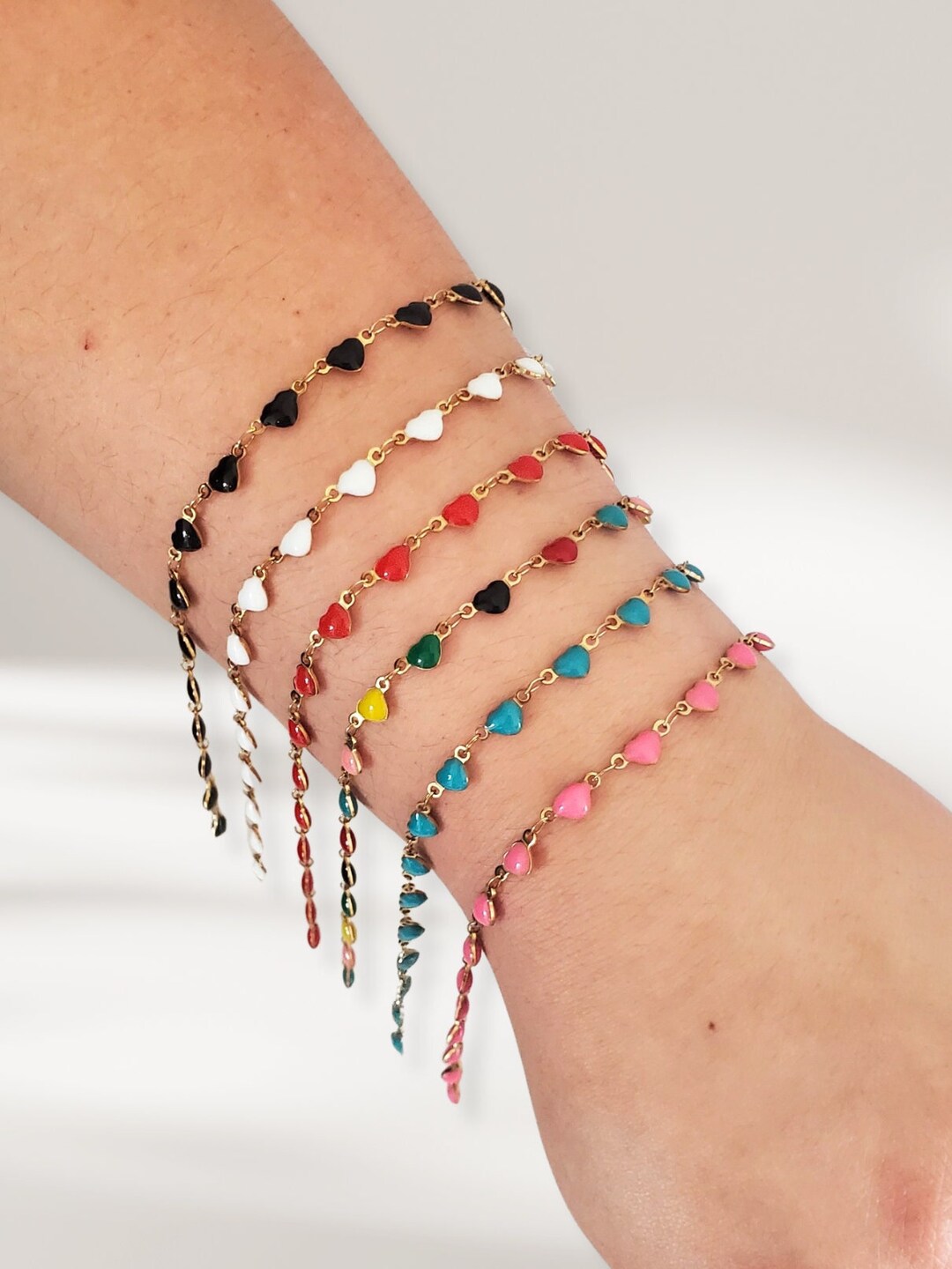 Gold Enamel Heart Chains, White Black Turquoise Pink Red Rainbow Hearts ...