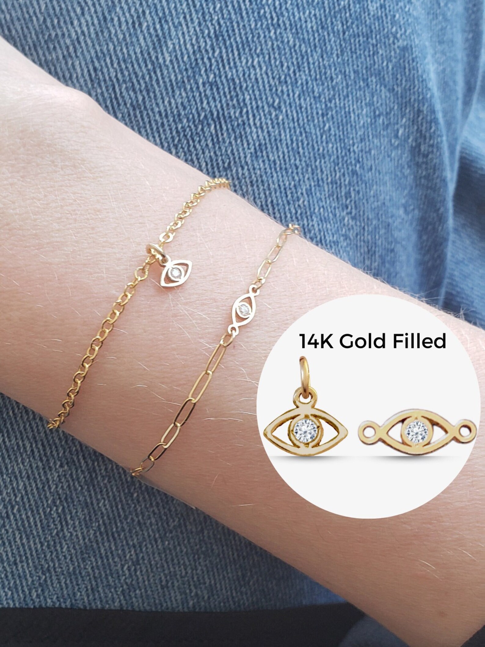 14K Gold Filled Evil Eye Charm, Tiny CZ Solitaire Pendant AAA Cubic ...
