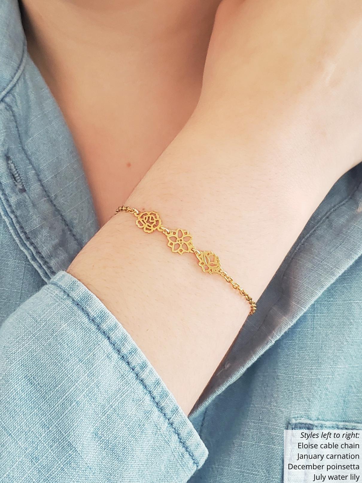 Gold Birth Flower Connector PVD Stainless Steel Birth Flower Bracelet ...