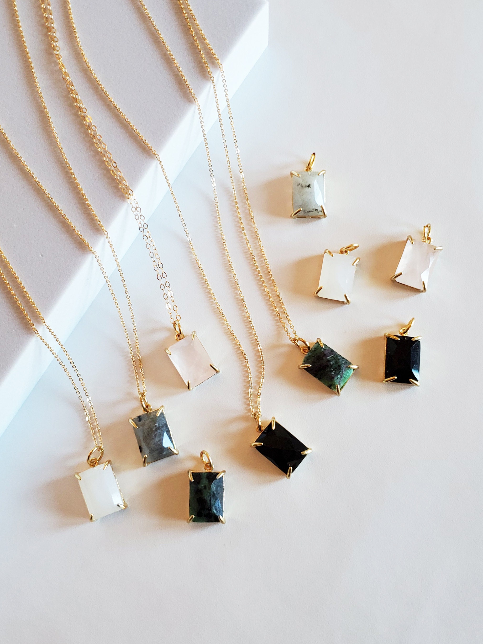 Gold Framed Gemstone Pendant Rectangle Shape Natural Crystal Necklace ...