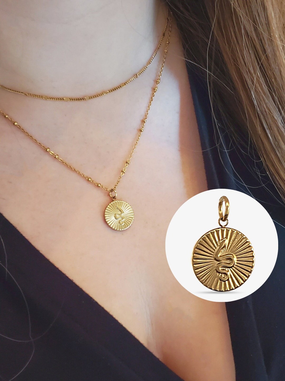 Gold Snake Medallion Necklace Pendant, Serpent Coin Stainless Steel ...
