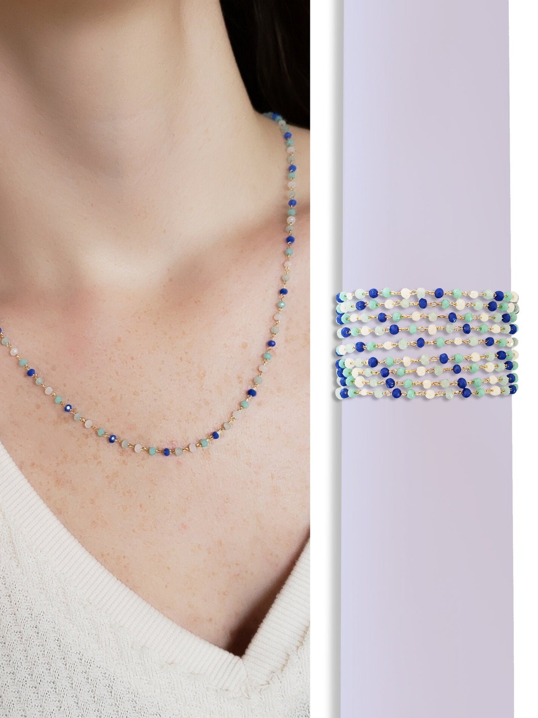 Blue Beaded Chain Blue Mint Amazonite White Dainty Chain Rosary ...