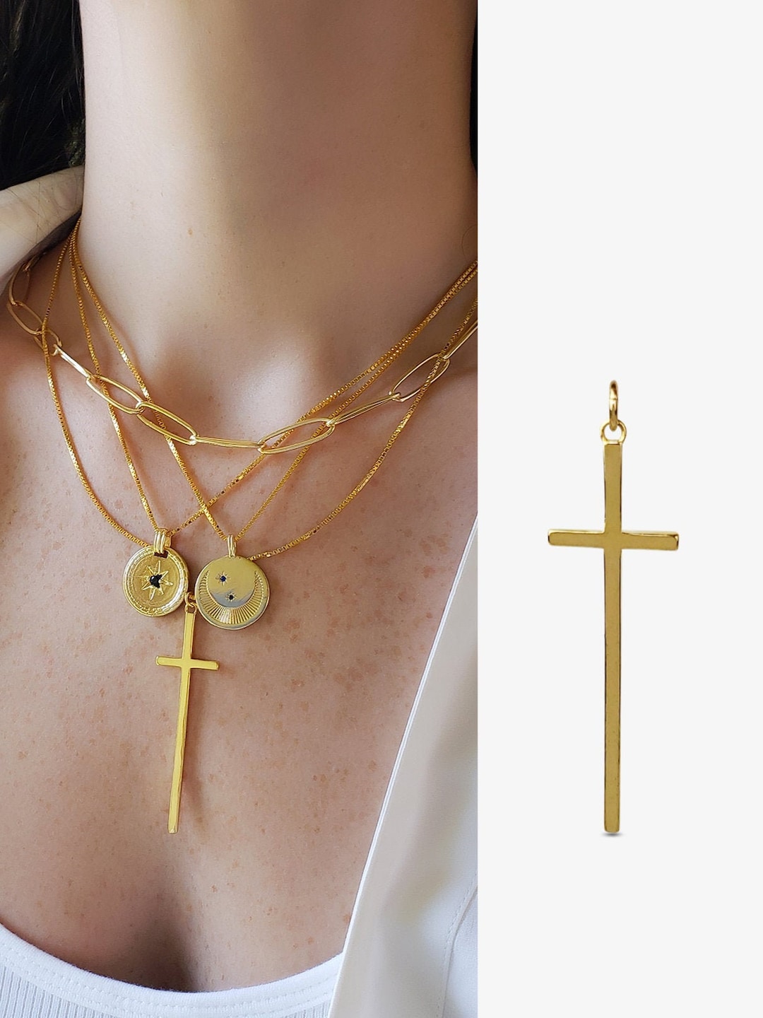 Slide-on Long Gold Cross Pendant 14K Gold Sterling Silver Tall Skinny ...